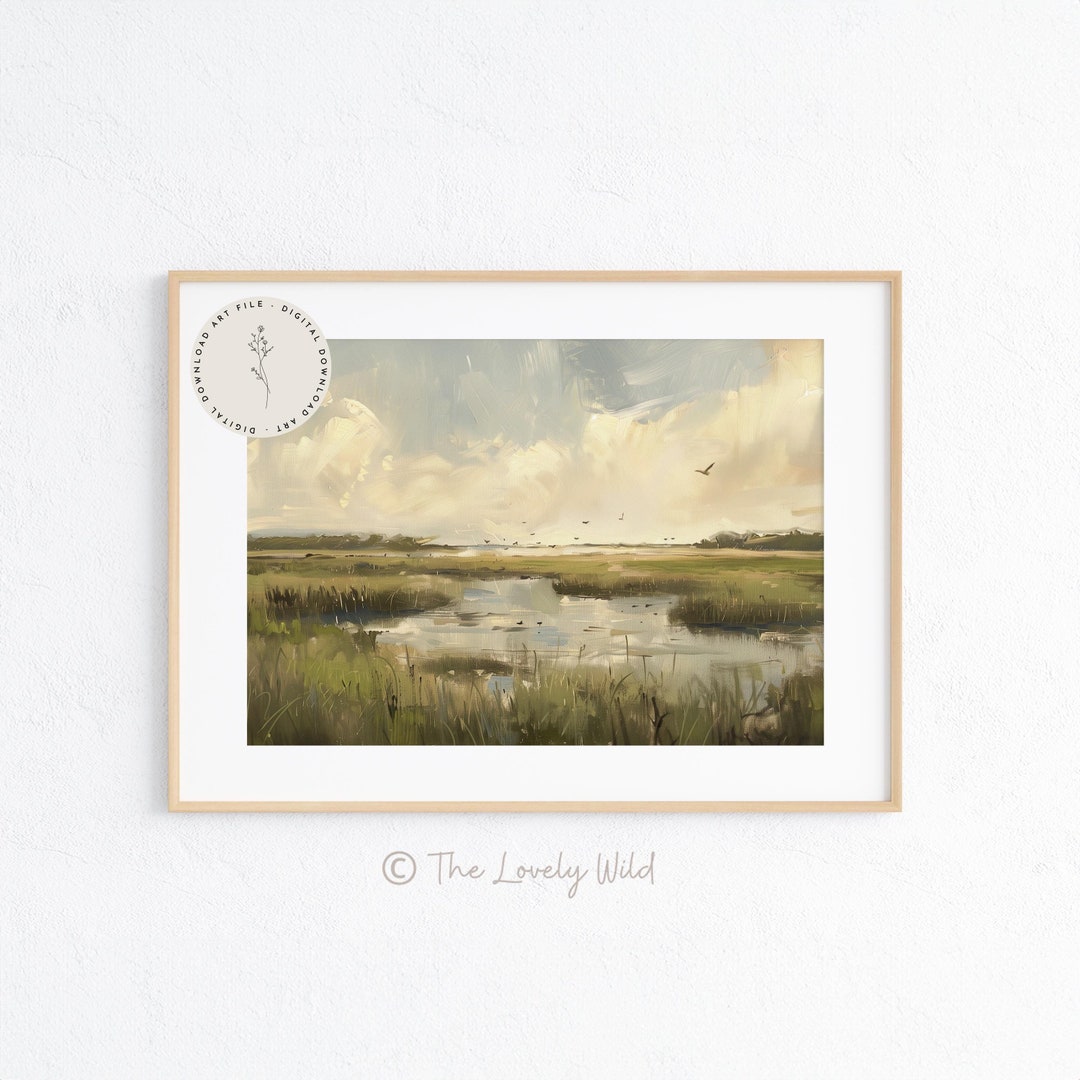 Marshland Landscape, Wetlands Oil Painting Art Print Swamp Illustration ...