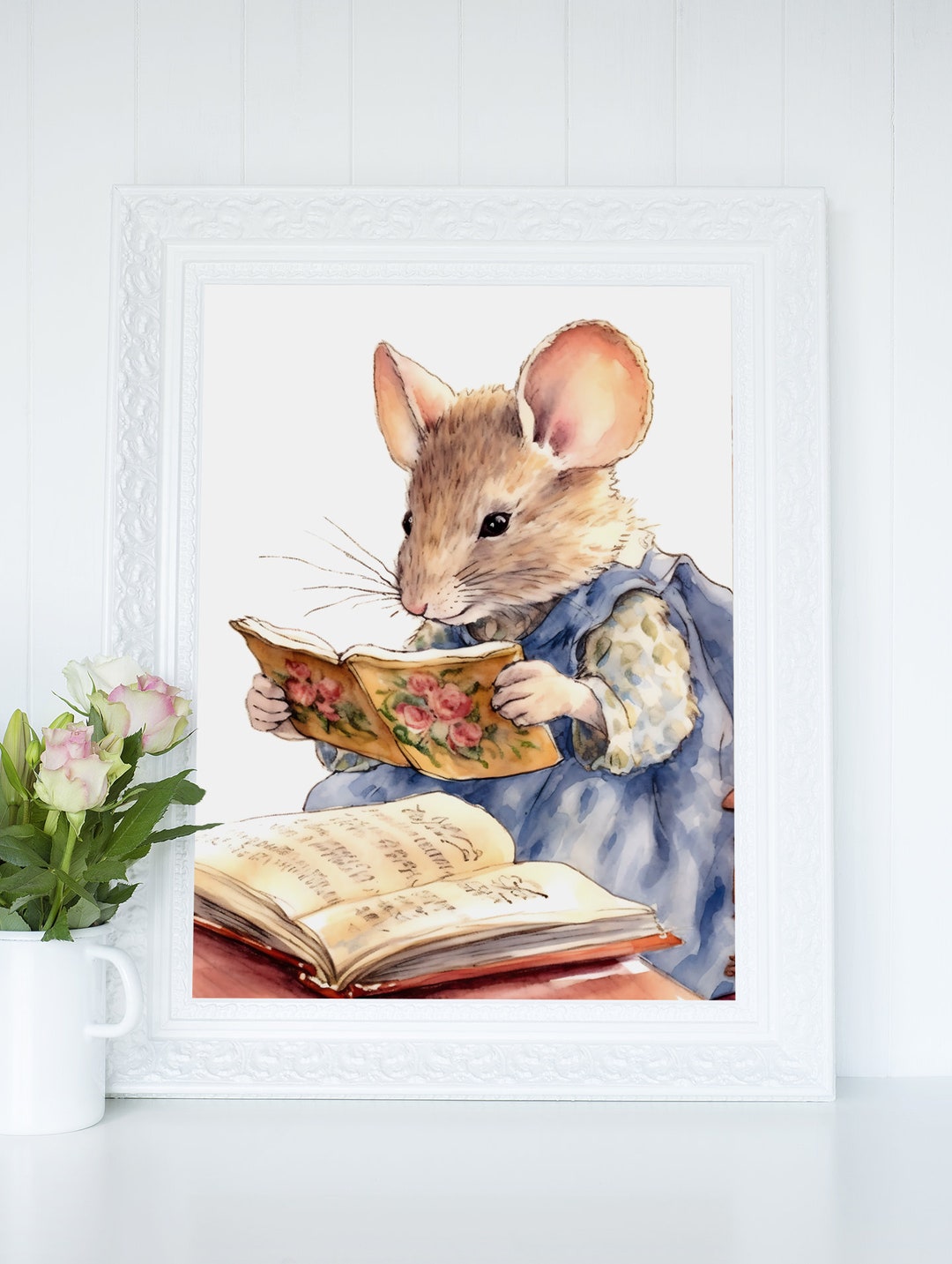 Whimsical Mouse Reading a Children Book Decor, Watercolor Illustration ...