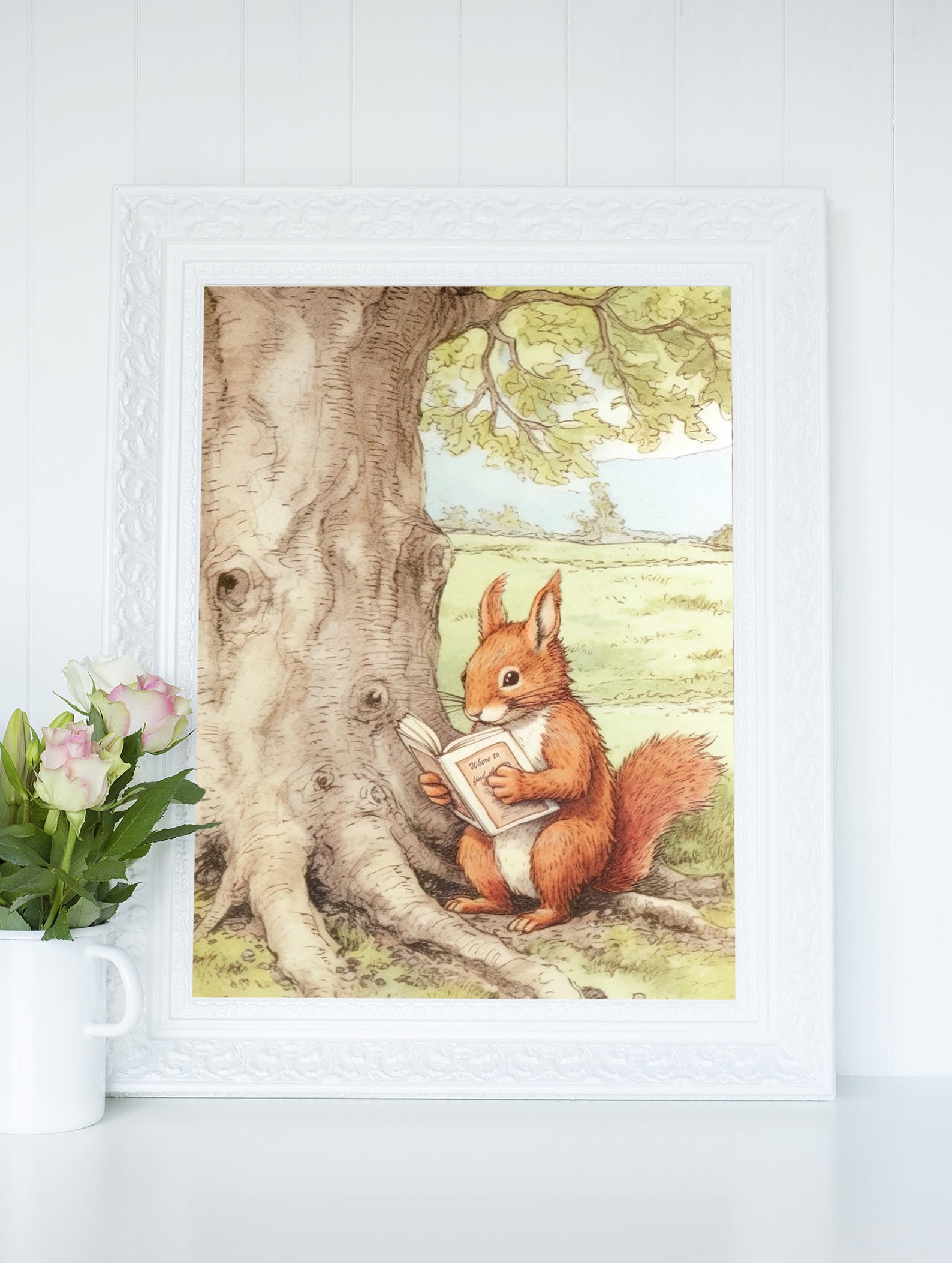 Red Squirrel Reading a Book Next to a Tree Art Print, Softness ...