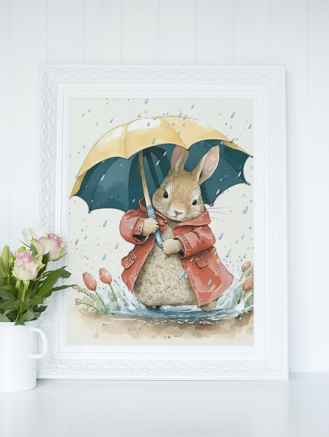 Rainy Day Bunny Rabbit Printable, Softness Art Print, Cottagecore ...