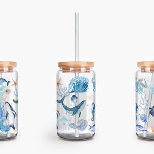 Sea Life Iced Coffee Cup, 16oz Glass Sipper Cup, Coastal Ocean Animals ...