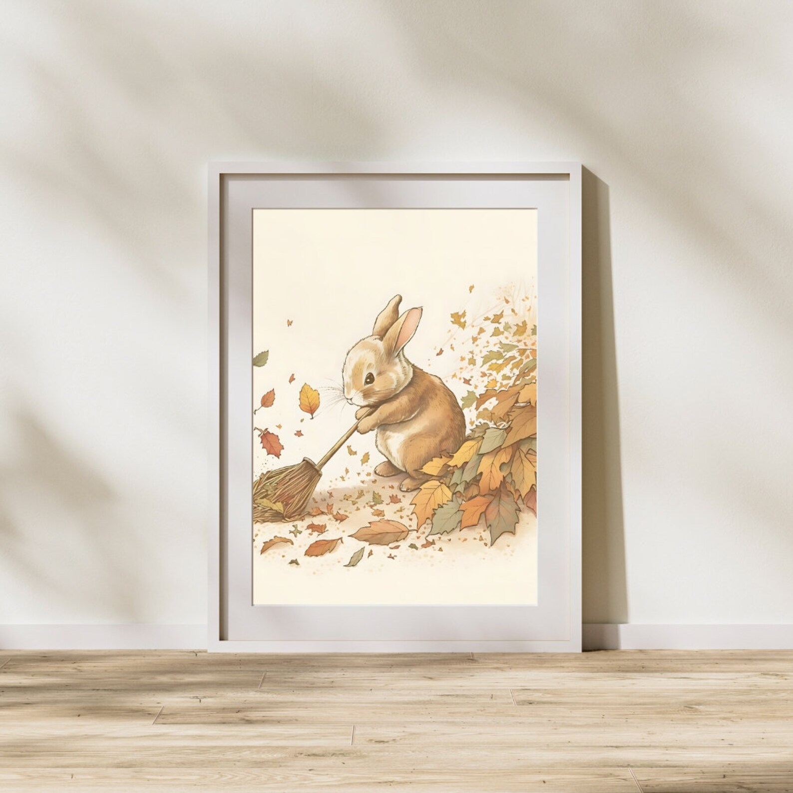 Bunny Rabbit Sweeping Autumn Leaves Wall Art, Softness Nursery Art ...