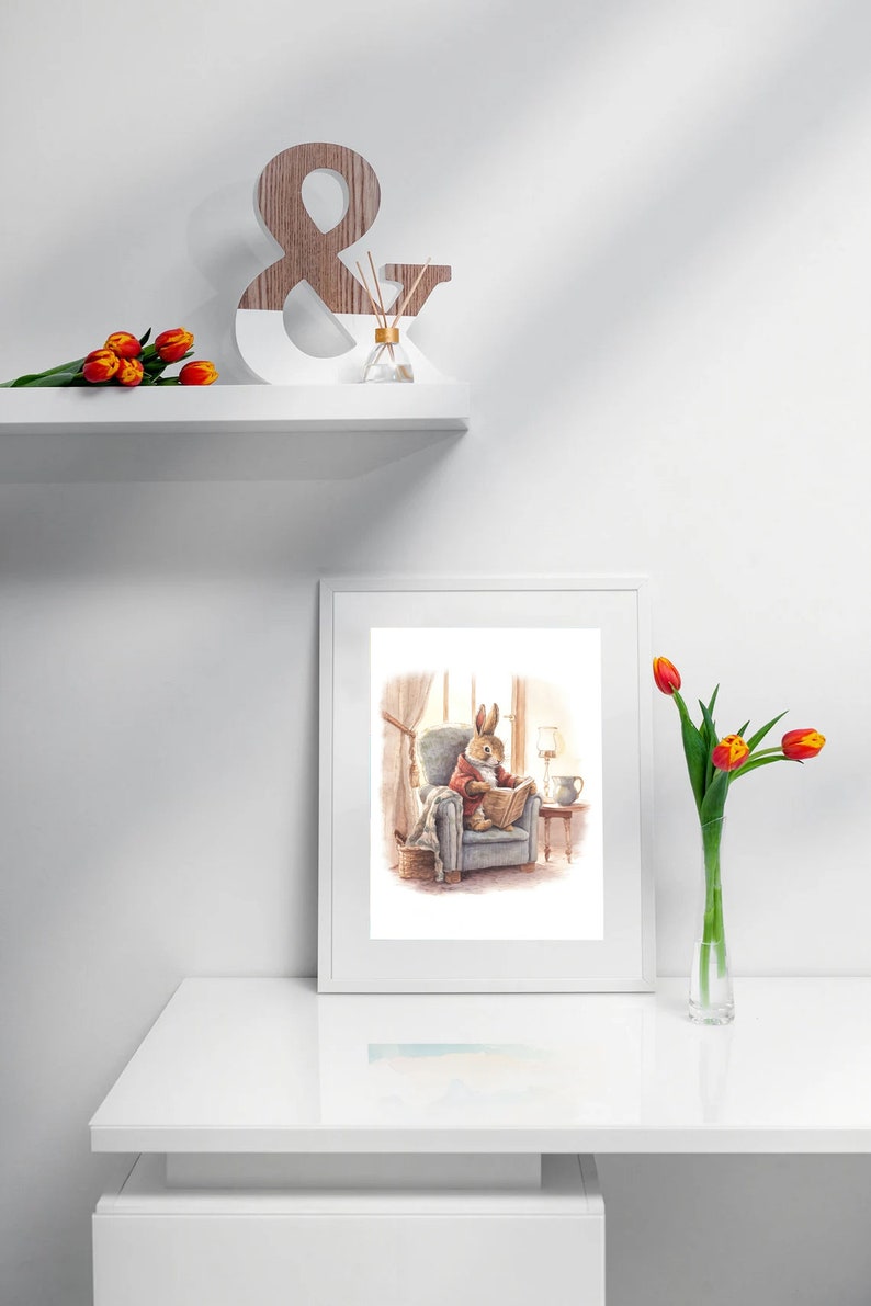 Bunny Rabbit in A Cozy Reading Nook Wall Art Softness Nursery - Etsy