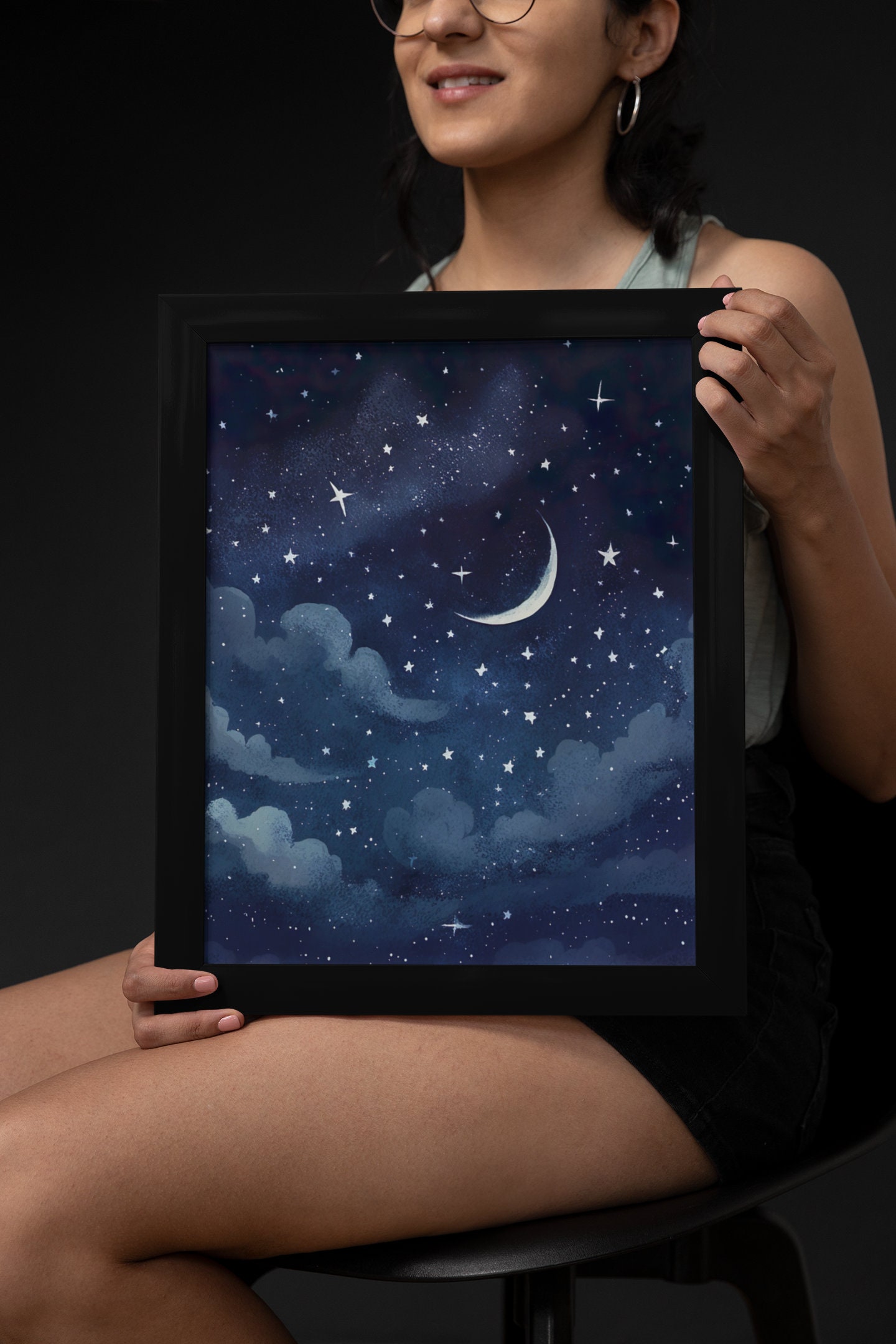 Watercolor Night Sky Decor, Nursery Starry Night Wall Art, Crescent ...