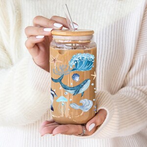Sea Life Iced Coffee Cup, 16oz Glass Sipper Cup, Coastal Ocean Animals ...