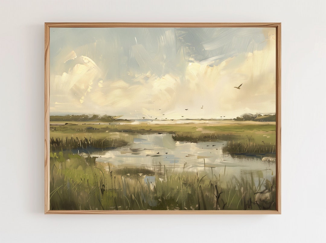 Marshland Landscape, Wetlands Oil Painting Art Print Swamp Illustration ...