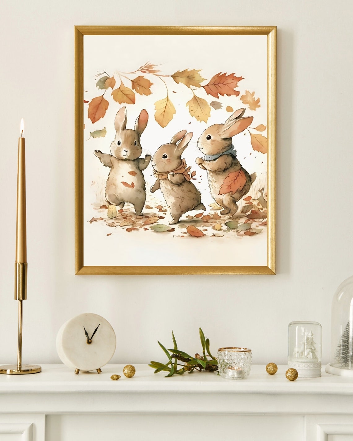 Autumnal Bunny Rabbits Fall Leaves Wall Art, Softness Nursery Art ...