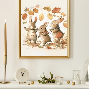 Autumnal Bunny Rabbits Fall Leaves Wall Art, Softness Nursery Art ...