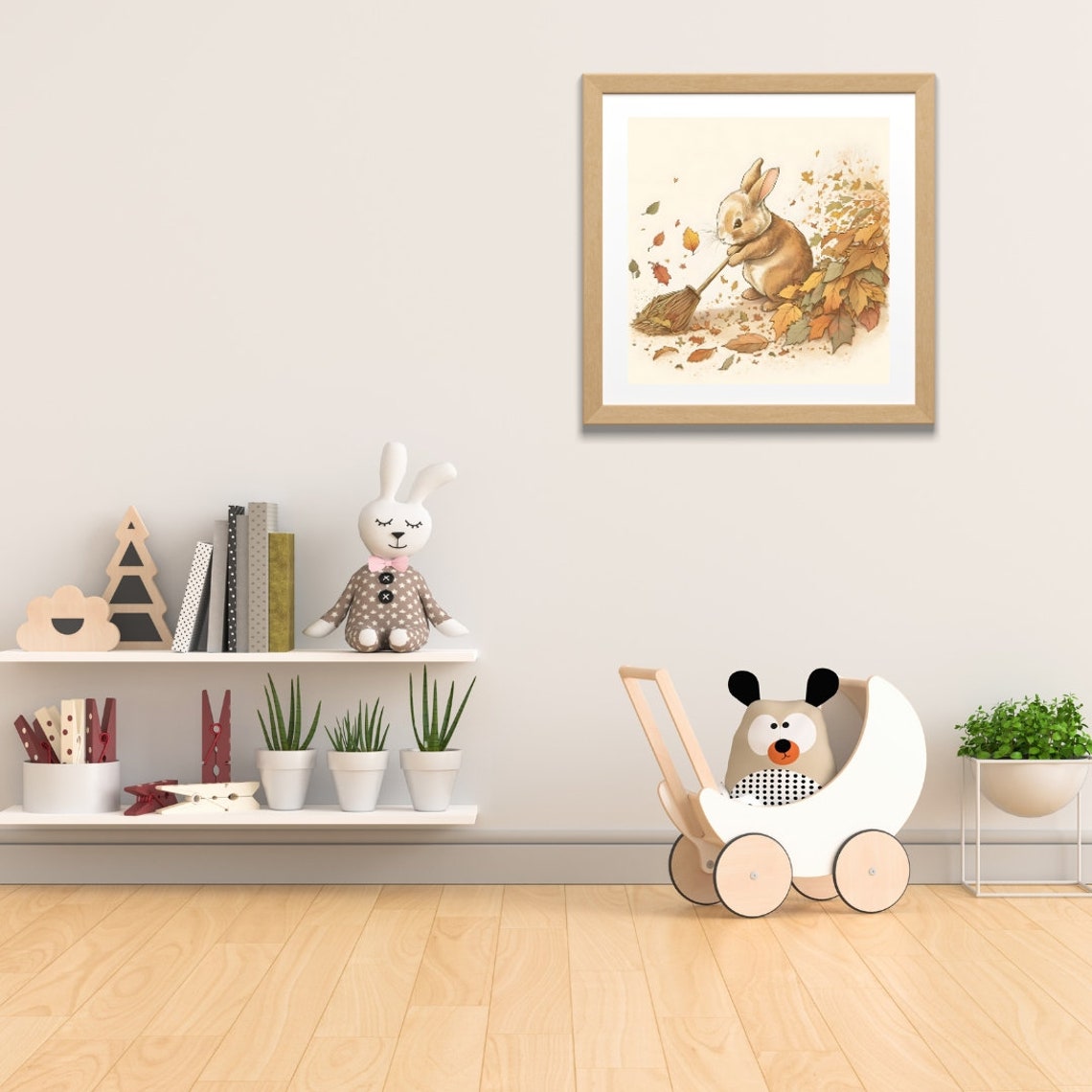 Bunny Rabbit Sweeping Autumn Leaves Wall Art Softness Nursery - Etsy