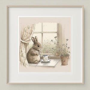 Bunny Rabbit at Tea Time Printable, Whimsical Cottagecore Decor Wall ...