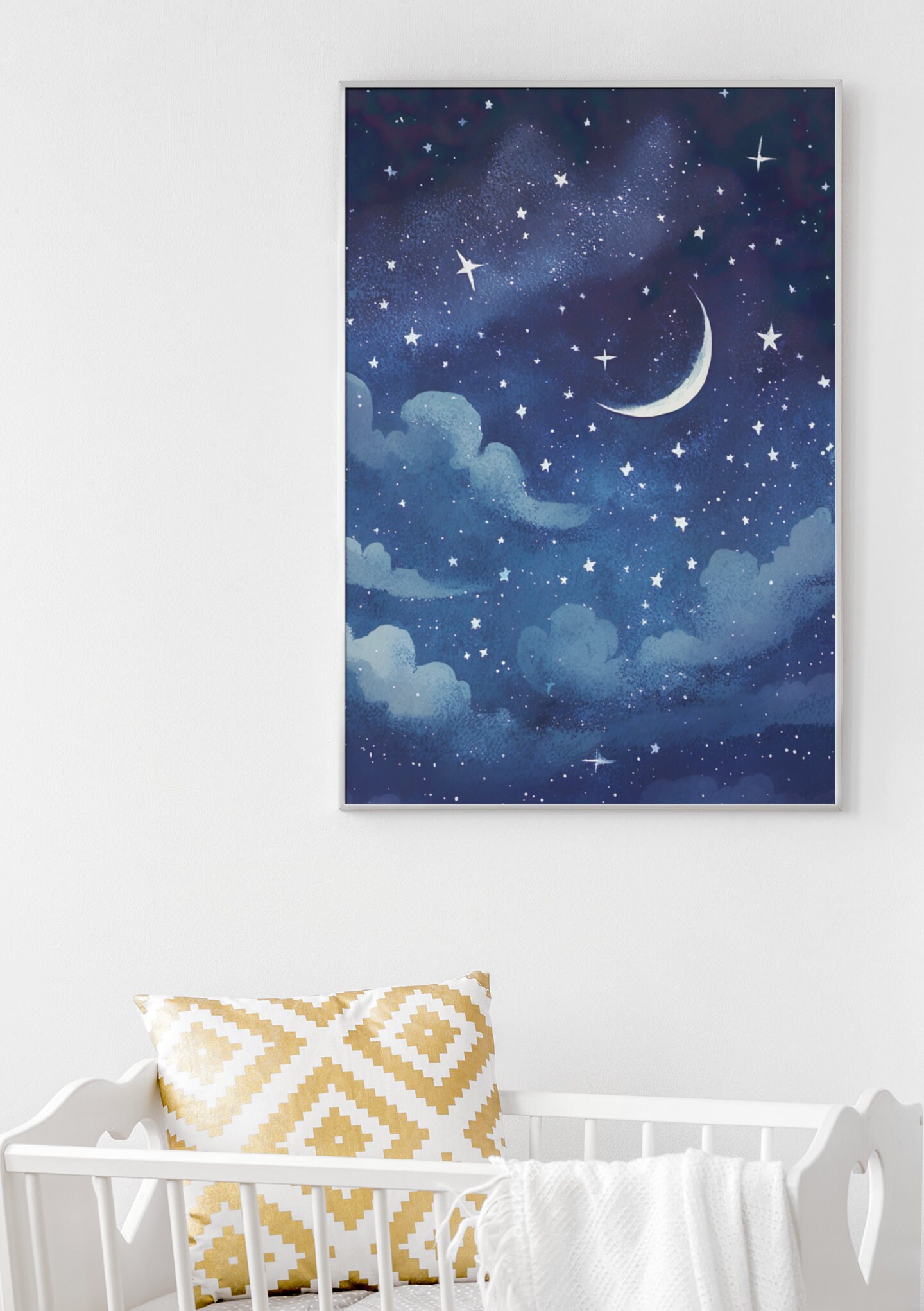 Watercolor Night Sky Decor, Nursery Starry Night Wall Art, Crescent ...