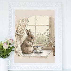 Bunny Rabbit at Tea Time Printable, Whimsical Cottagecore Decor Wall ...