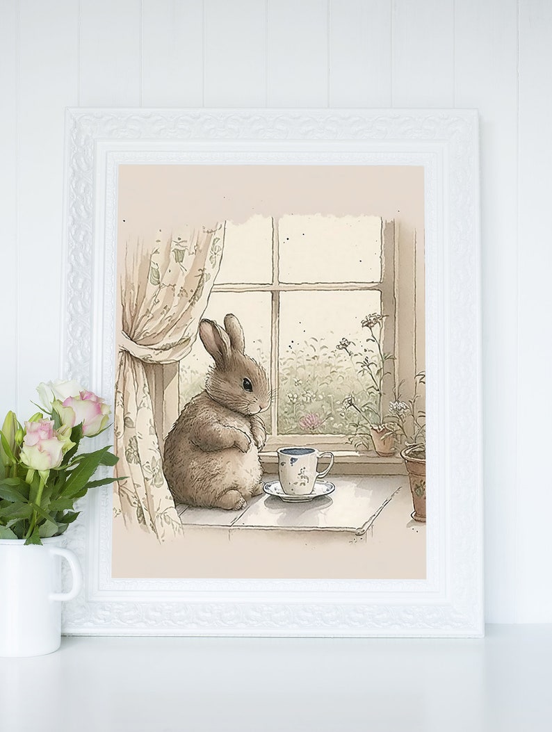 Bunny Rabbit at Tea Time Printable, Cottagecore Decor Wall Art ...