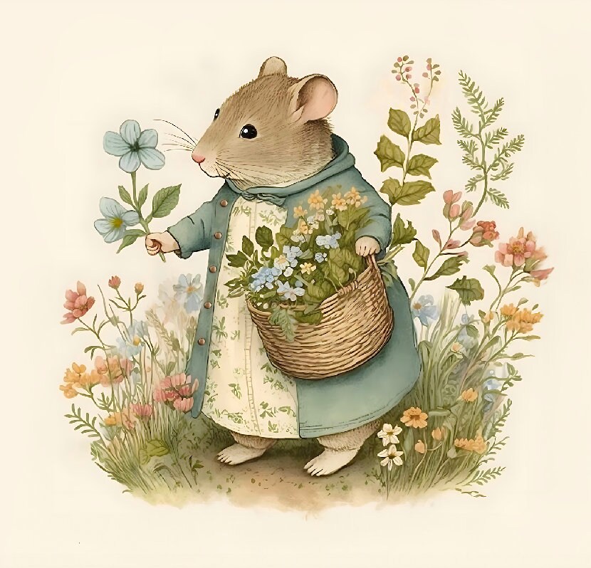 Field Mouse Picking Flowers Printable Softness Art Print - Etsy