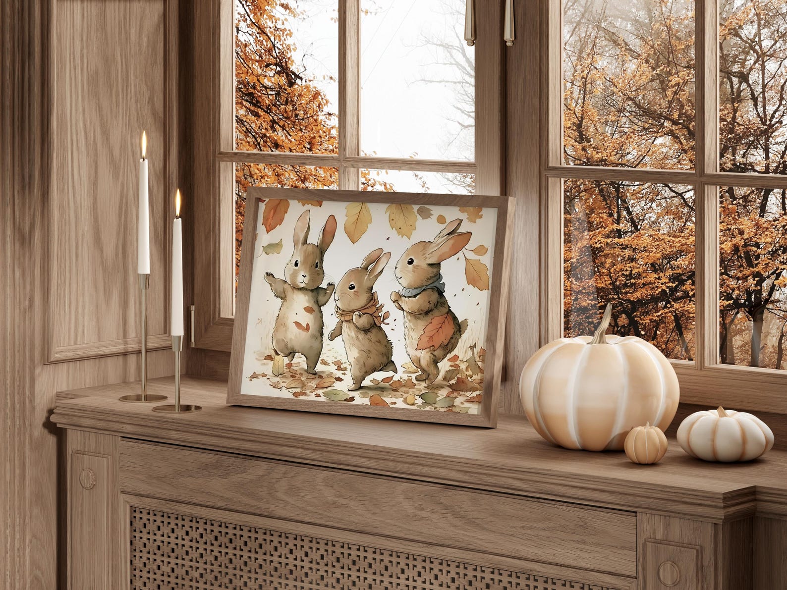Autumnal Bunny Rabbits Fall Leaves Wall Art, Softness Nursery Art ...