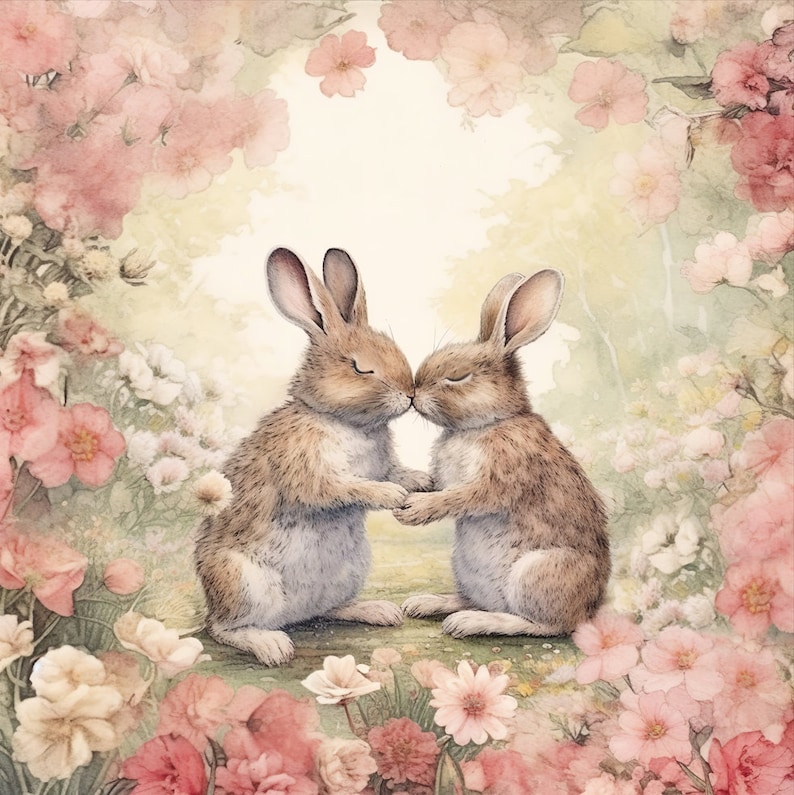 Bunny Rabbits in Love Kissing Wall Art, Softness Cute Bunny Art Prints ...