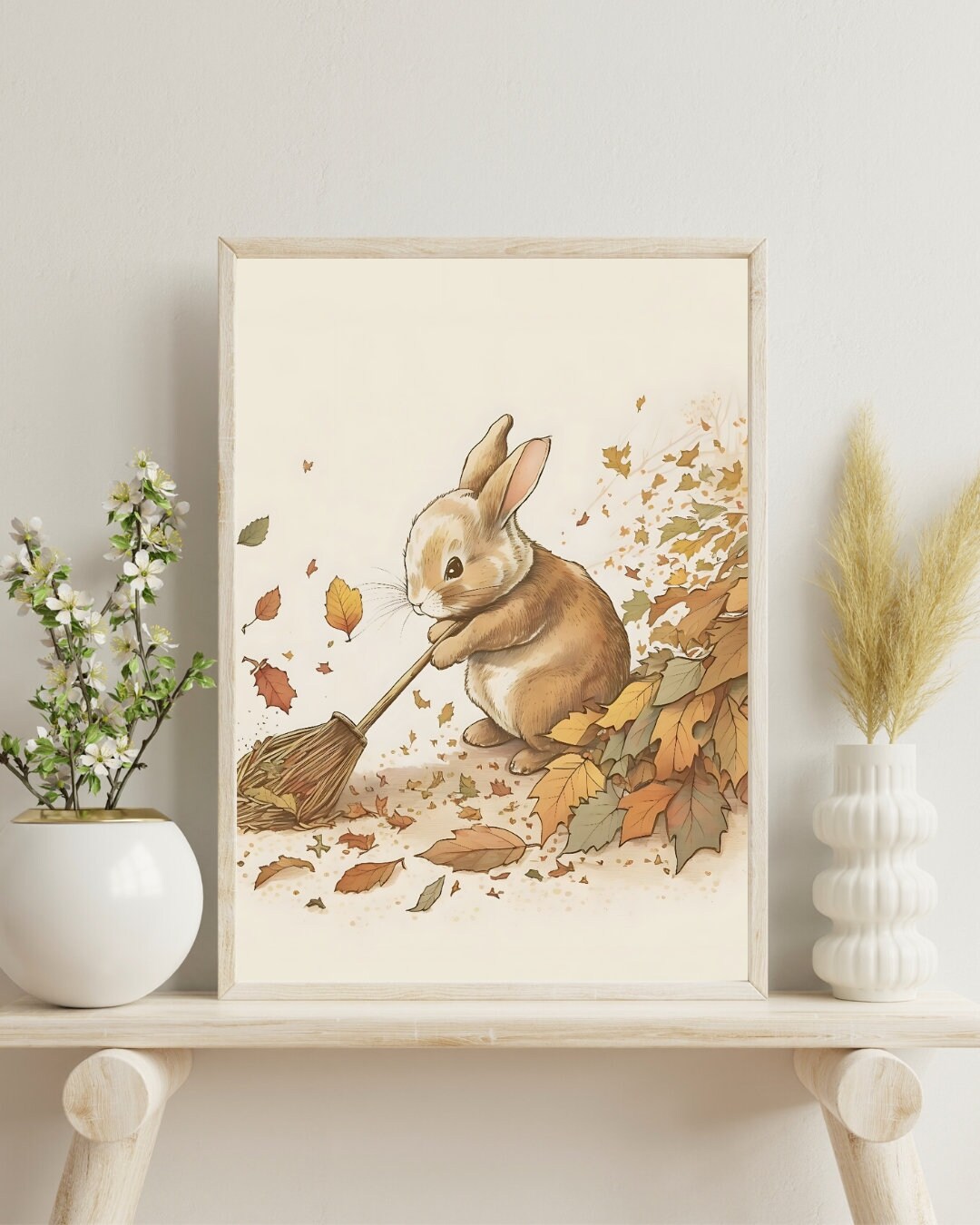 Bunny Rabbit Sweeping Autumn Leaves Wall Art, Softness Nursery Art ...
