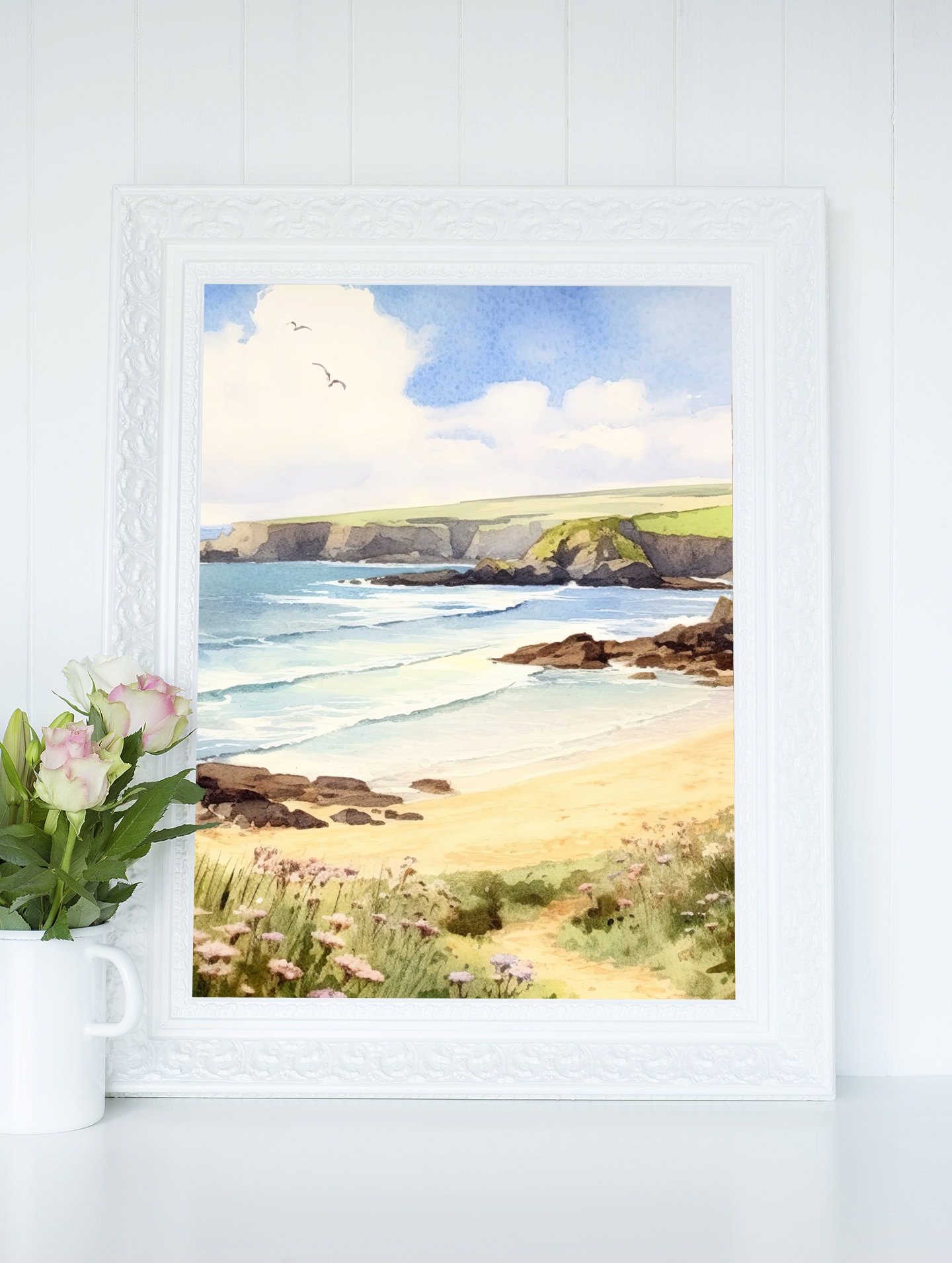 Cornwall Beach View Wall Art Cornish Coastline Watercolor - Etsy