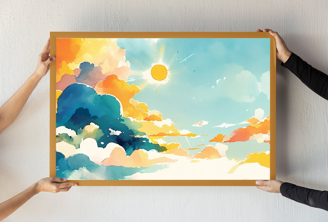 Watercolor Sunny Sky Decor, Summer Sunshine Day Wall Art, Clouds on a ...