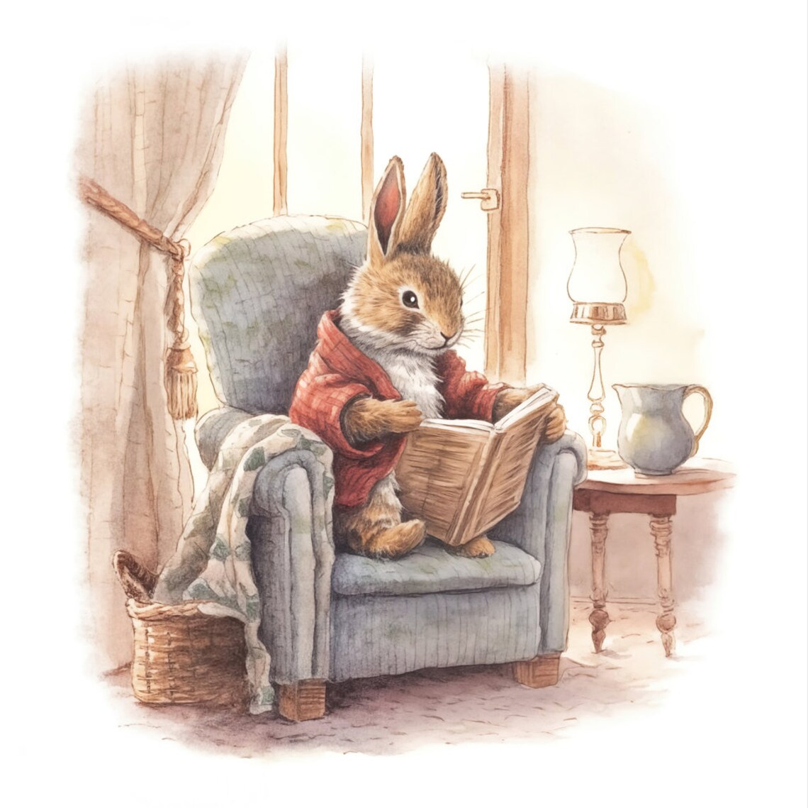 Bunny Rabbit in A Cozy Reading Nook Wall Art Softness Nursery - Etsy