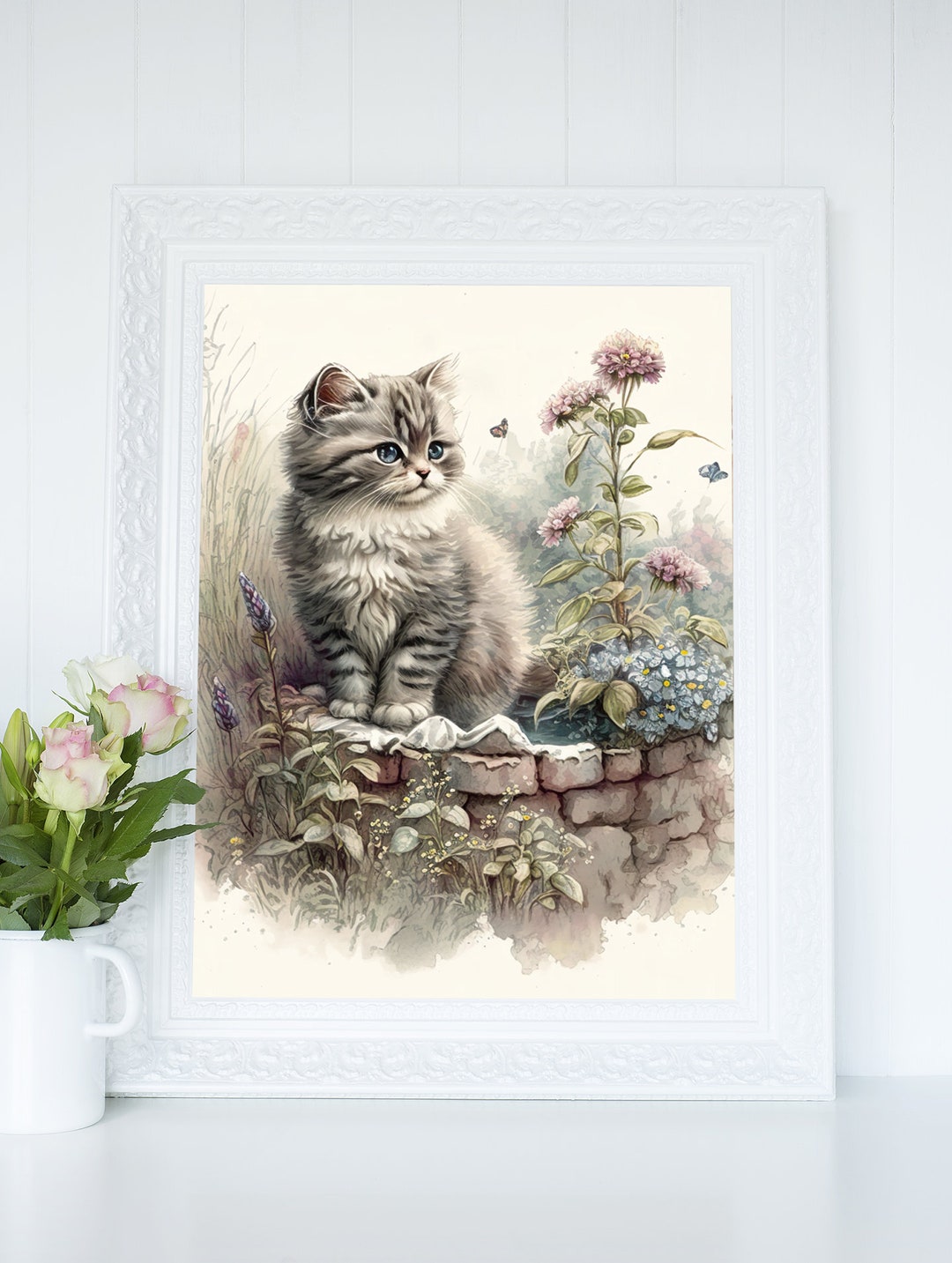 Kitten in the Flower Garden Art Print, Nursery Wall Decor, Cottagecore ...