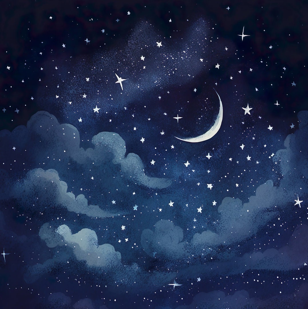 Watercolor Night Sky Decor, Nursery Starry Night Wall Art, Crescent ...