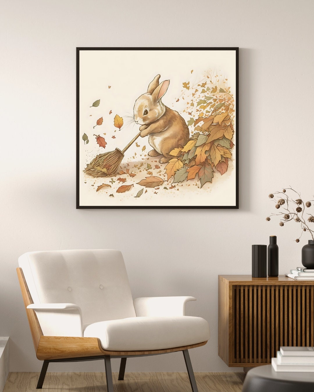 Bunny Rabbit Sweeping Autumn Leaves Wall Art, Softness Nursery Art ...