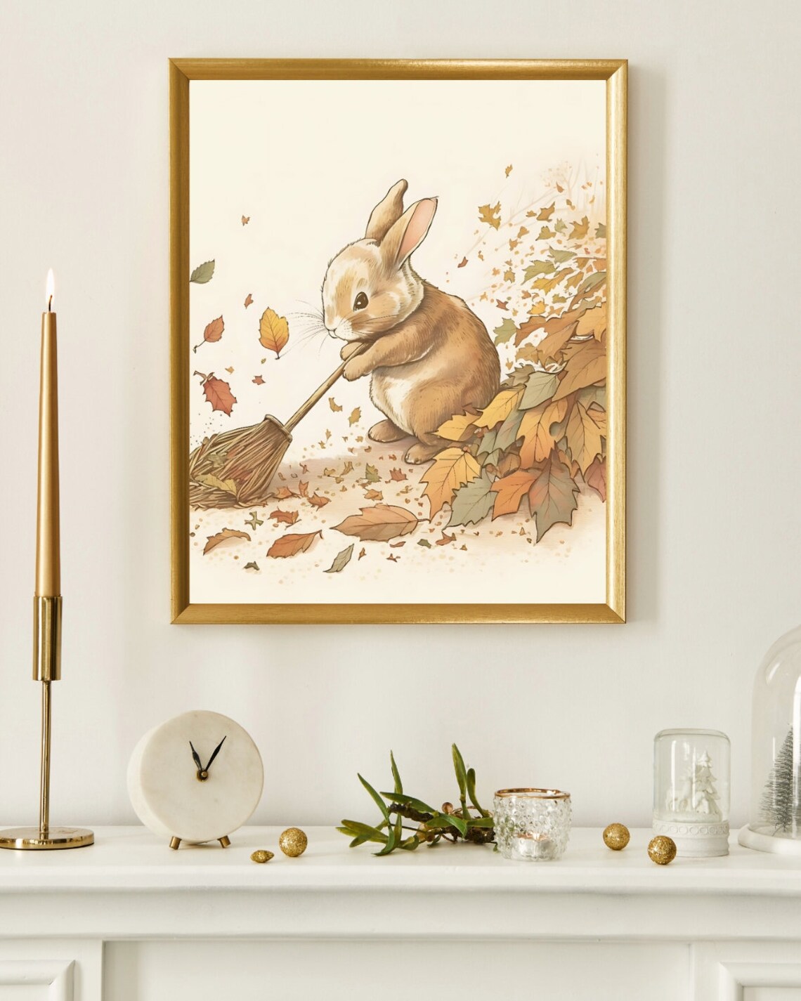 Bunny Rabbit Sweeping Autumn Leaves Wall Art Softness Nursery - Etsy