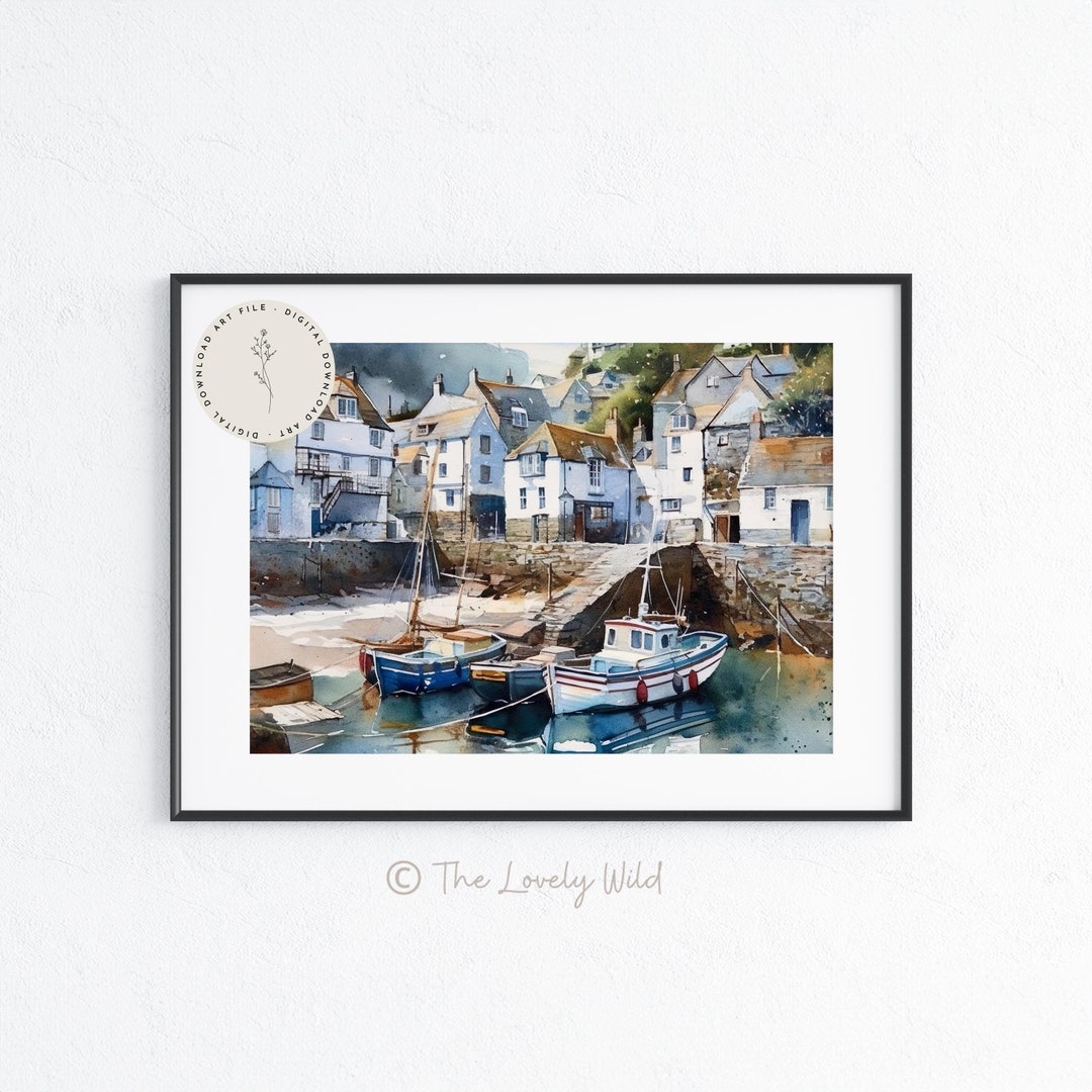 Cornwall Watercolor Illustration Print, Polperro Harbour Cornish ...