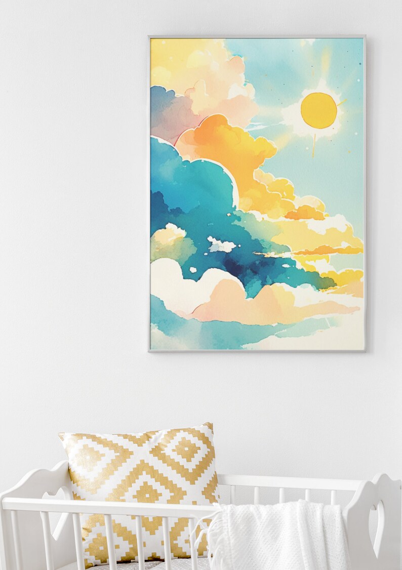 Watercolor Sunny Sky Decor, Summer Sunshine Day Wall Art, Clouds on a ...