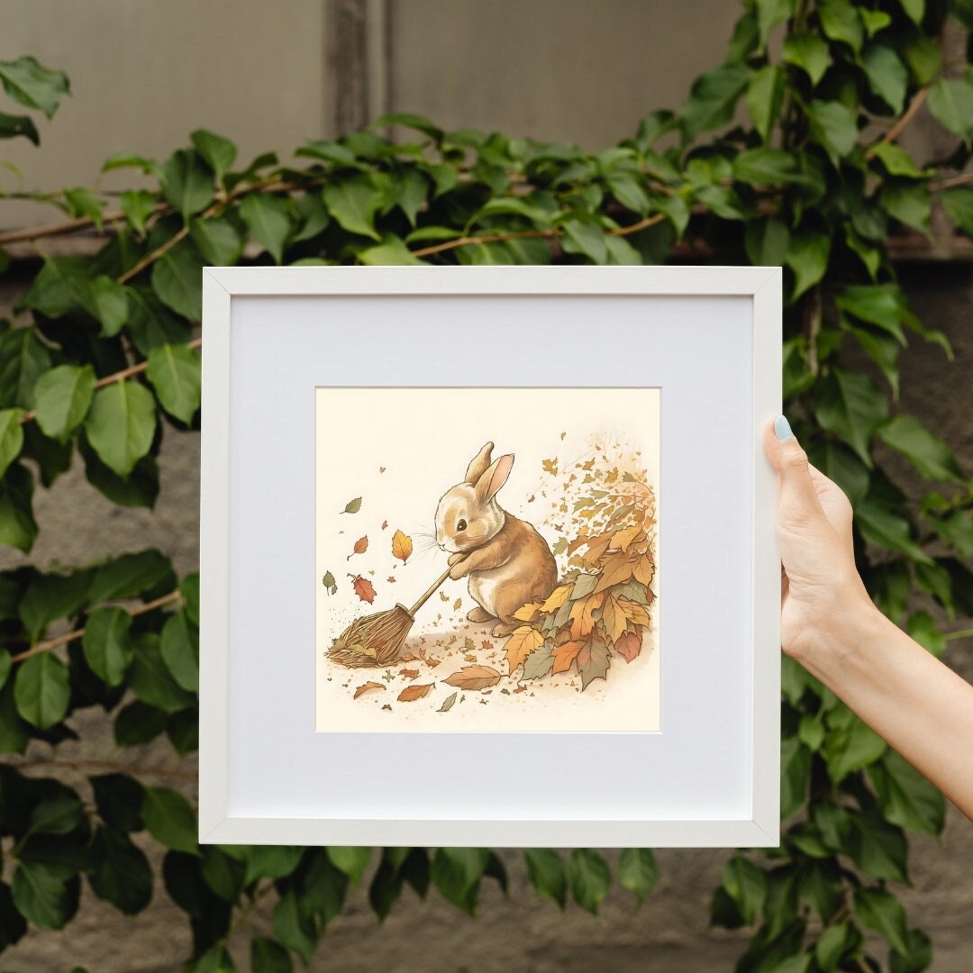 Bunny Rabbit Sweeping Autumn Leaves Wall Art, Softness Nursery Art ...