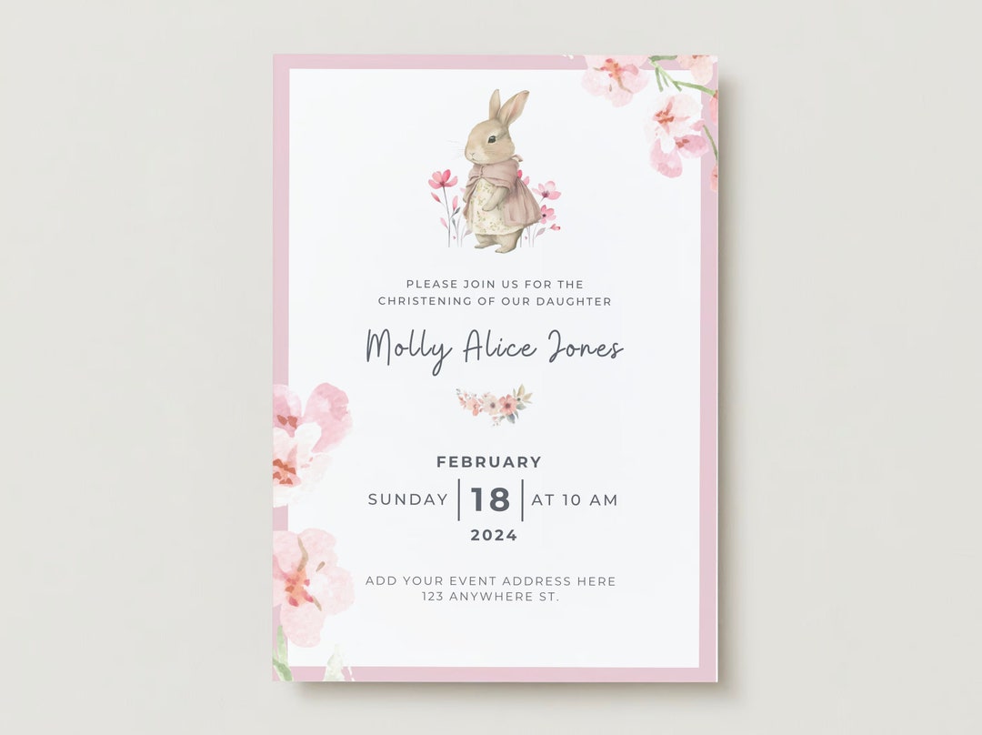 Pink Baby Girl Christening / Baptism Invitation Editable Canva Template ...
