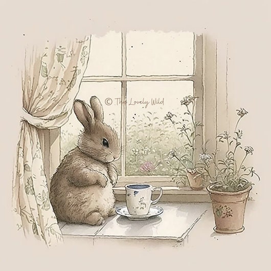 Bunny Rabbit at Tea Time Printable, Cottagecore Decor Wall Art ...