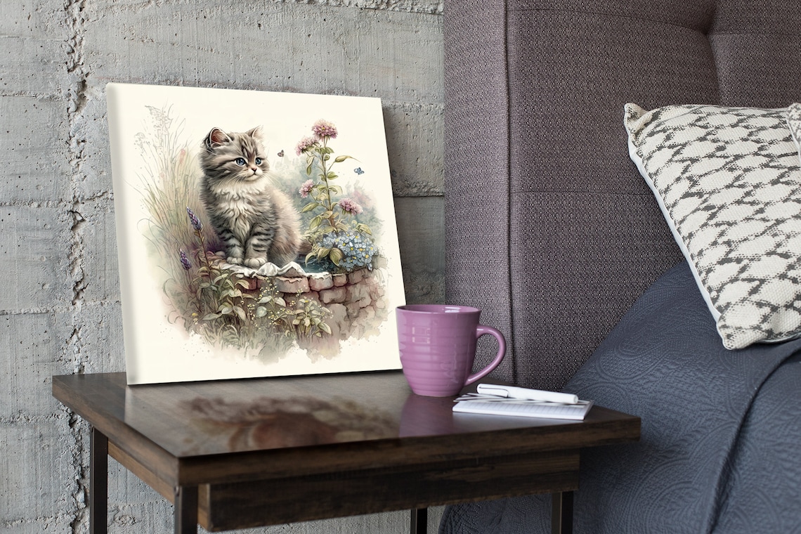 Kitten in the Flower Garden Art Print, Nursery Wall Decor, Cottagecore ...