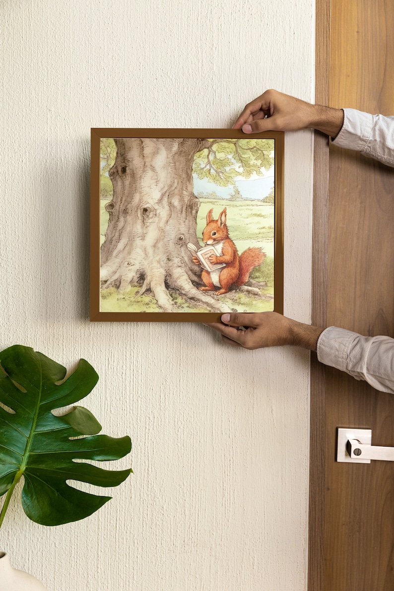 Red Squirrel Reading a Book Next to a Tree Art Print, Softness ...