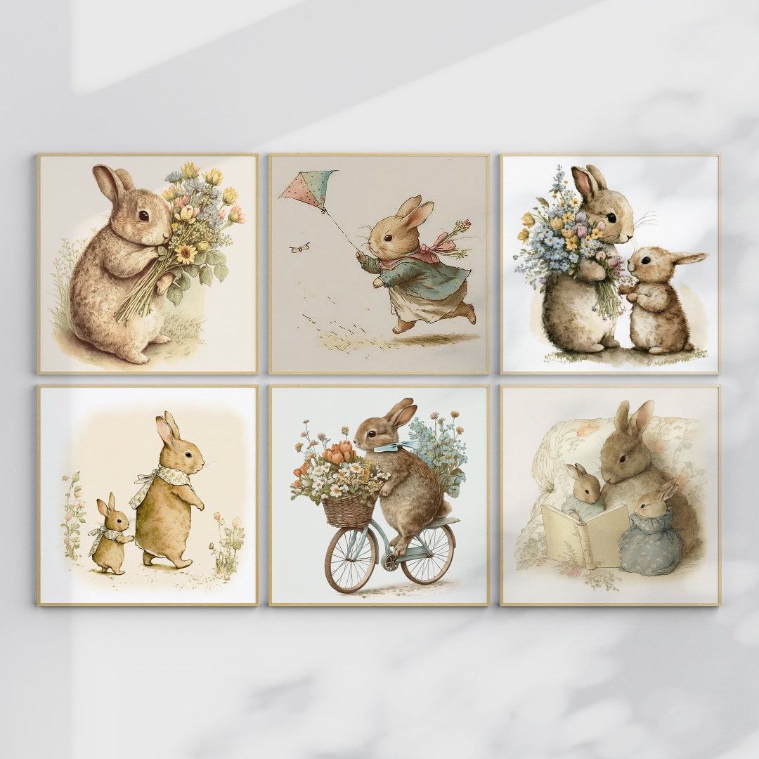 Vintage Bunny Rabbit Set of 6 Printable Softness Art Print, Cottagecore ...