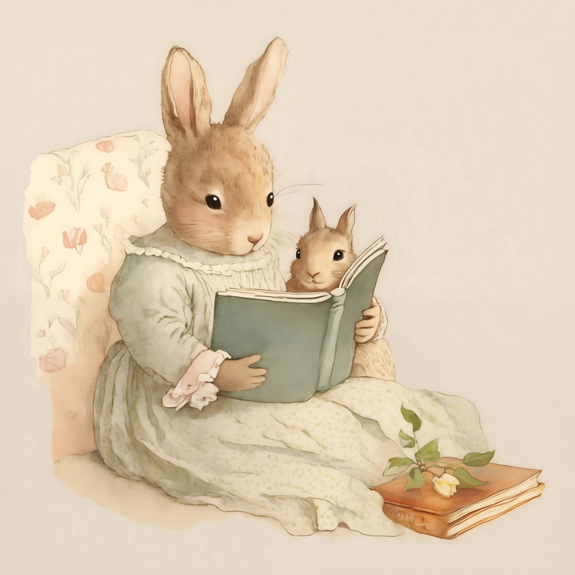 Mother Bunny Rabbit Reading to Baby Wall Art, Softness Watercolor Art ...