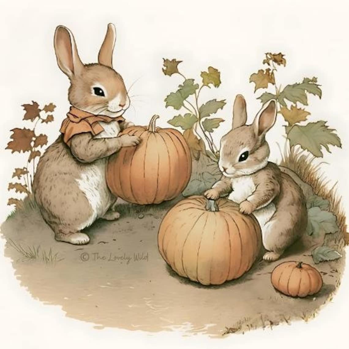 Bunnies Picking Pumpkins Nature Wall Art Cottagecore Nursery - Etsy