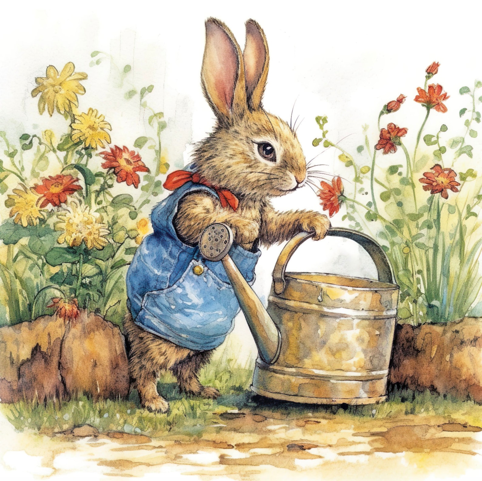 Bunny Rabbit Watering the Garden Wall Art Softness Nursery - Etsy