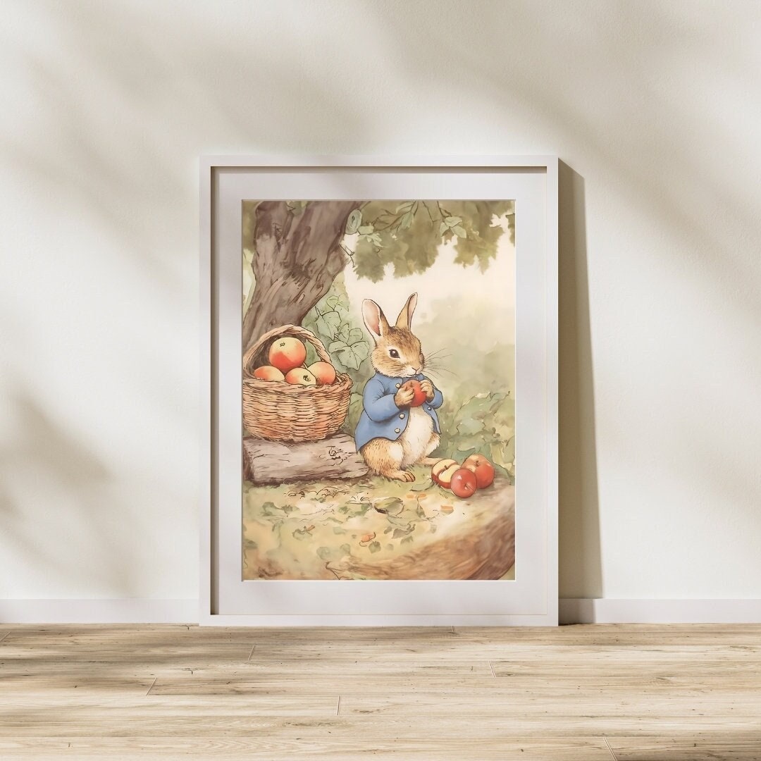 Bunny Rabbit Picking Apples Art Print, Softness Wall Printable ...