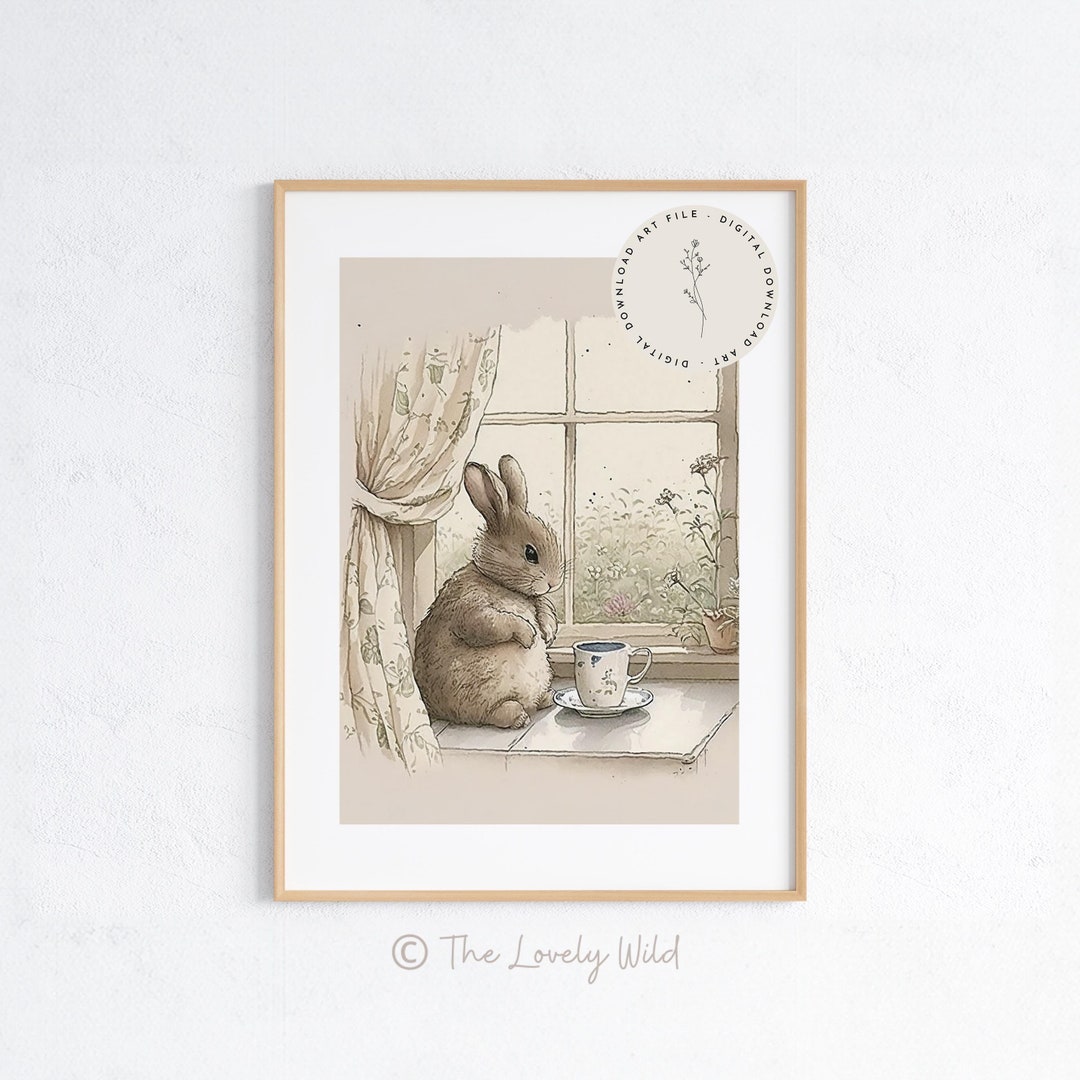 Bunny Rabbit at Tea Time Printable, Whimsical Cottagecore Decor Wall ...