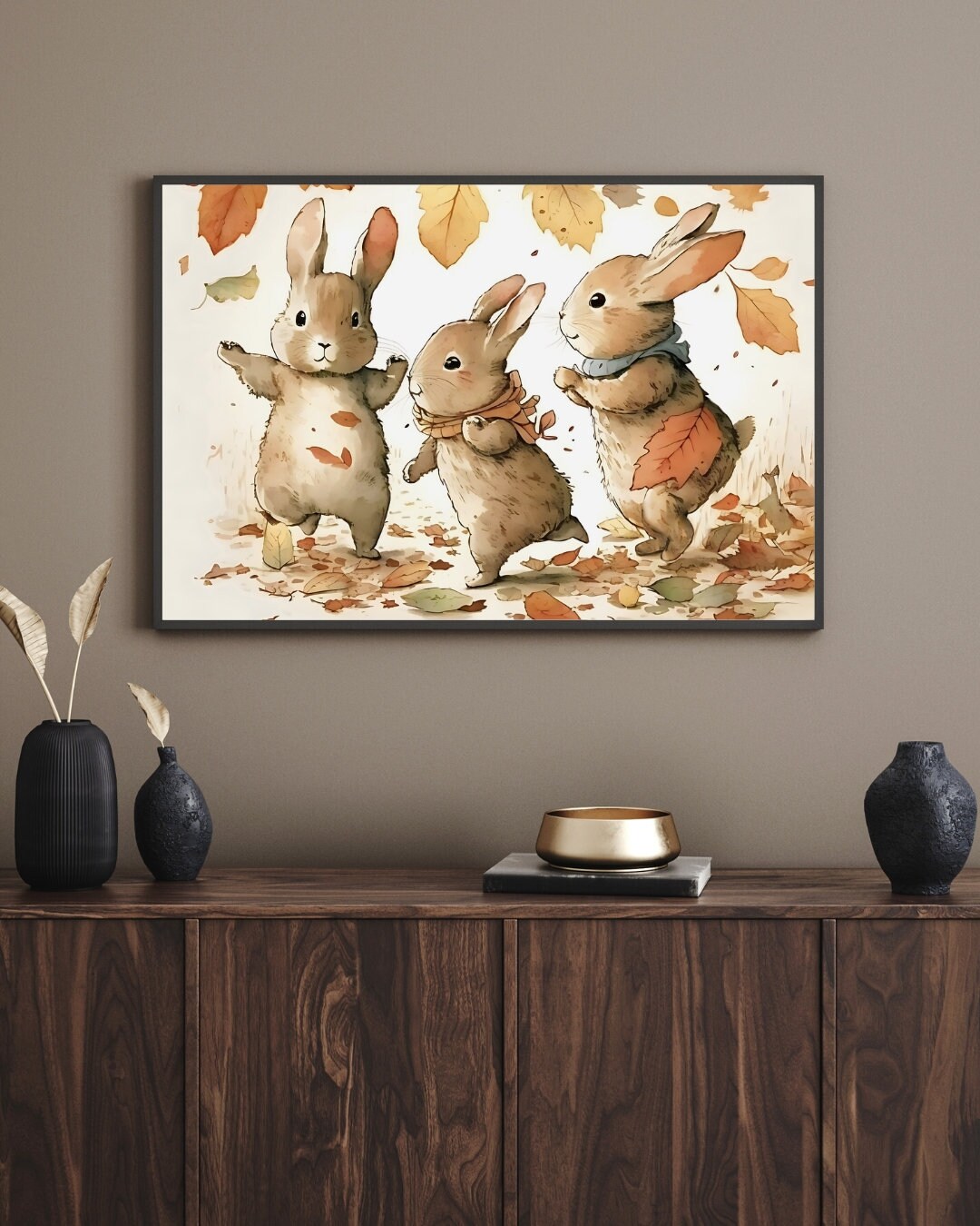 Autumnal Bunny Rabbits Fall Leaves Wall Art, Softness Nursery Art ...