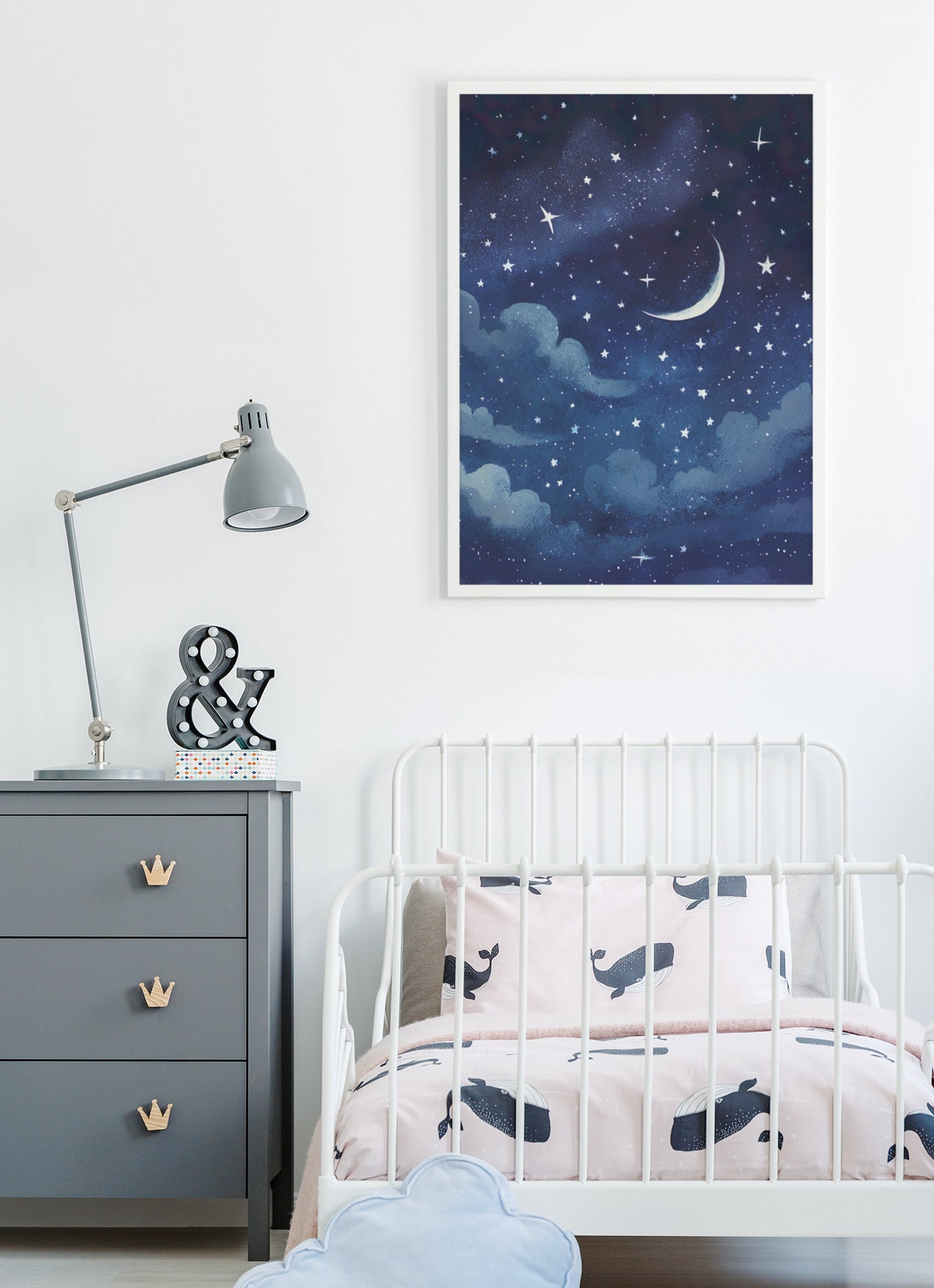 Watercolor Night Sky Decor, Nursery Starry Night Wall Art, Crescent ...