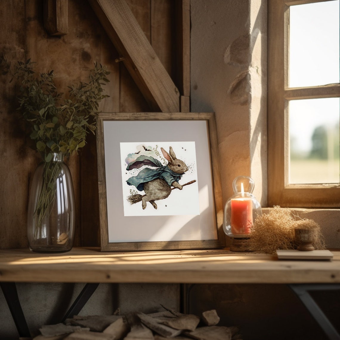 Bunny Rabbit Witch on a Broomstick Wall Art Whimsical - Etsy