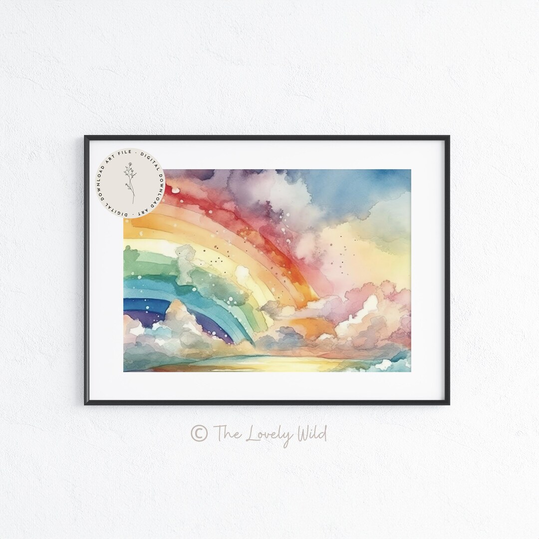 Watercolor Rainbow in the Clouds Decor, Colorful Cloudy Sky Wall Art ...