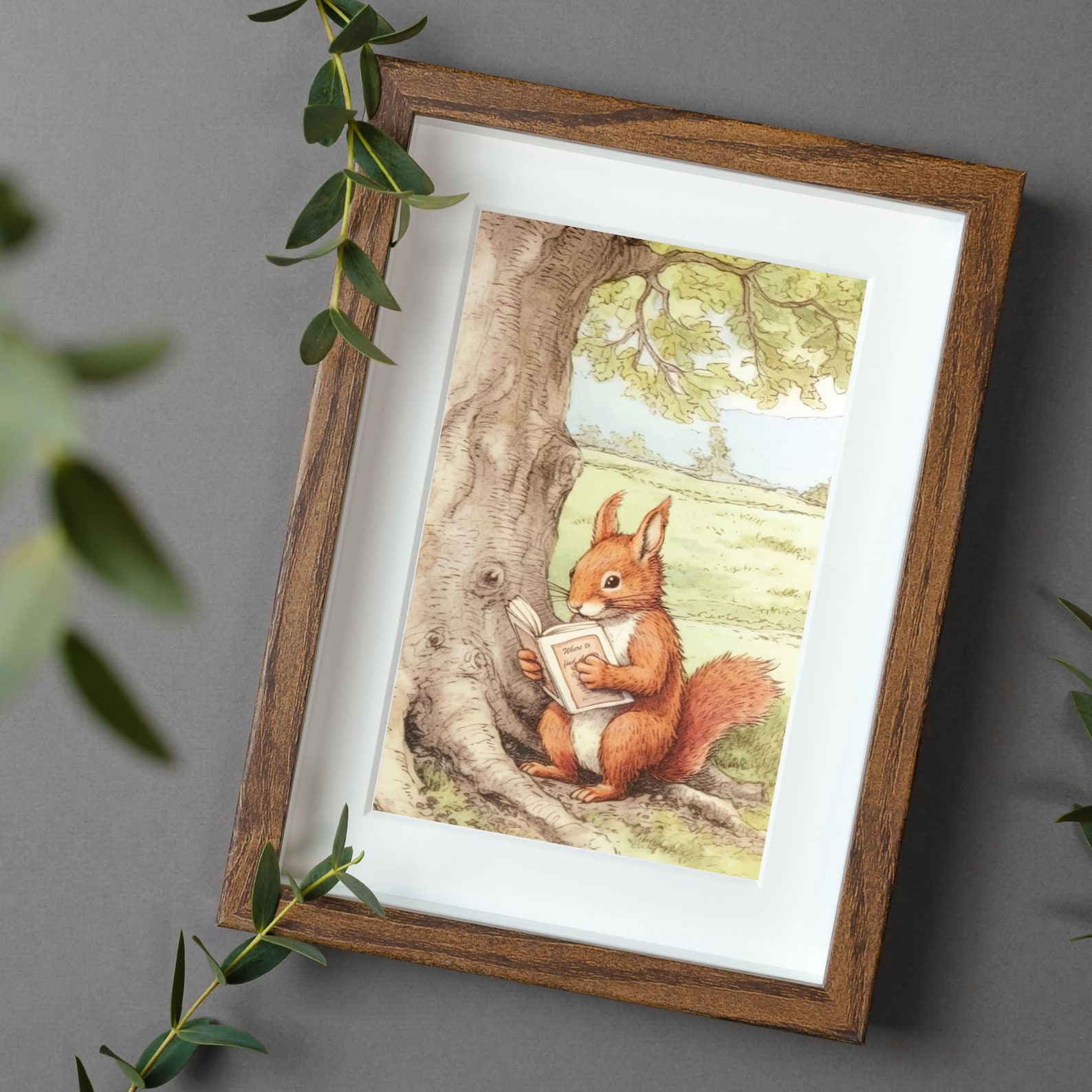 Red Squirrel Reading a Book Next to a Tree Art Print, Softness ...