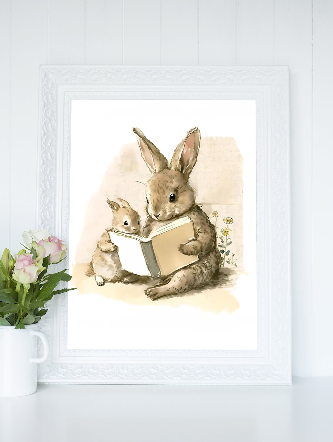 Storytime With Mother and Baby Wall Art, Softness Watercolor Book Art ...