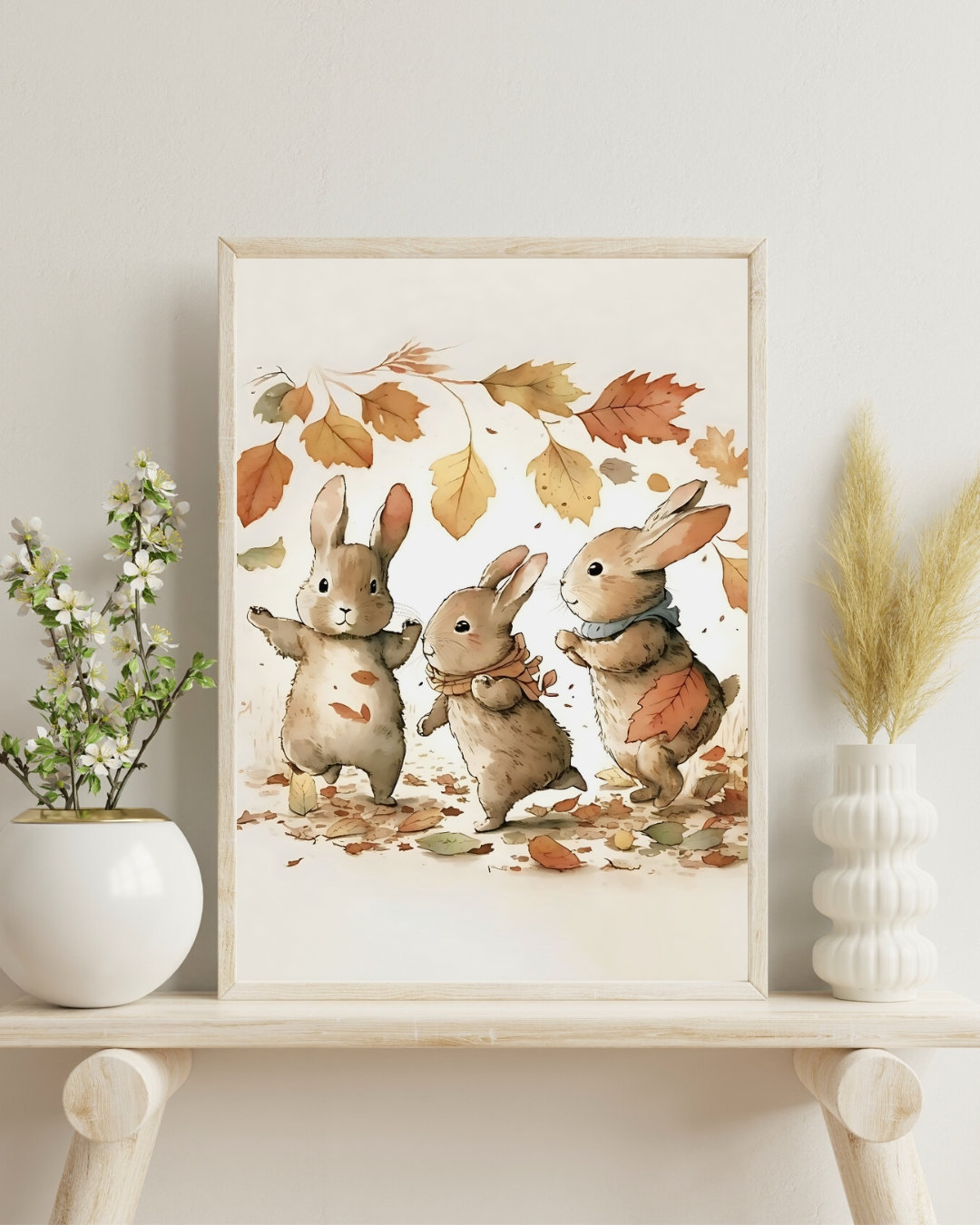 Autumnal Bunny Rabbits Fall Leaves Wall Art, Softness Nursery Art ...