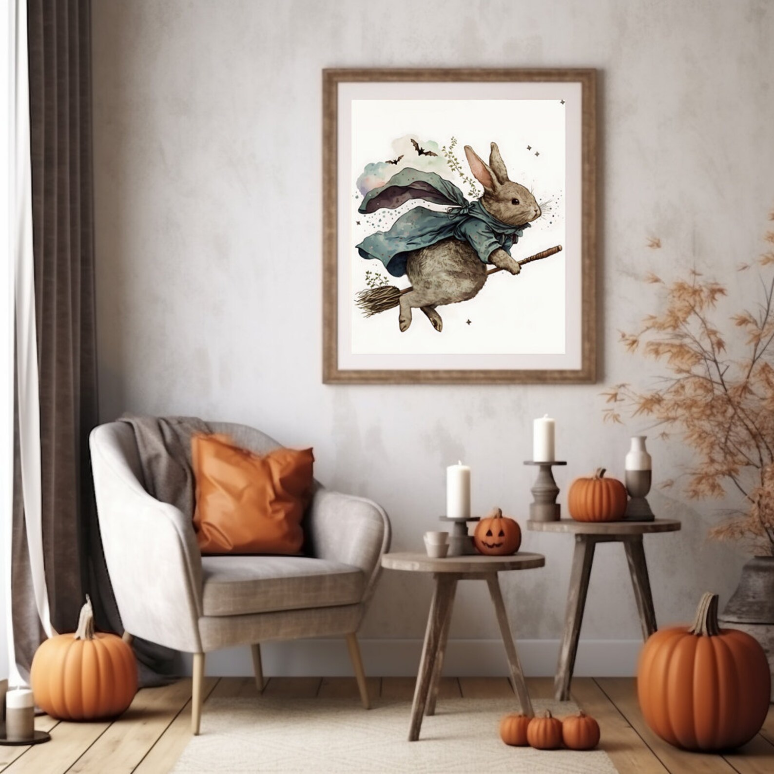 Bunny Rabbit Witch on a Broomstick Wall Art Whimsical - Etsy