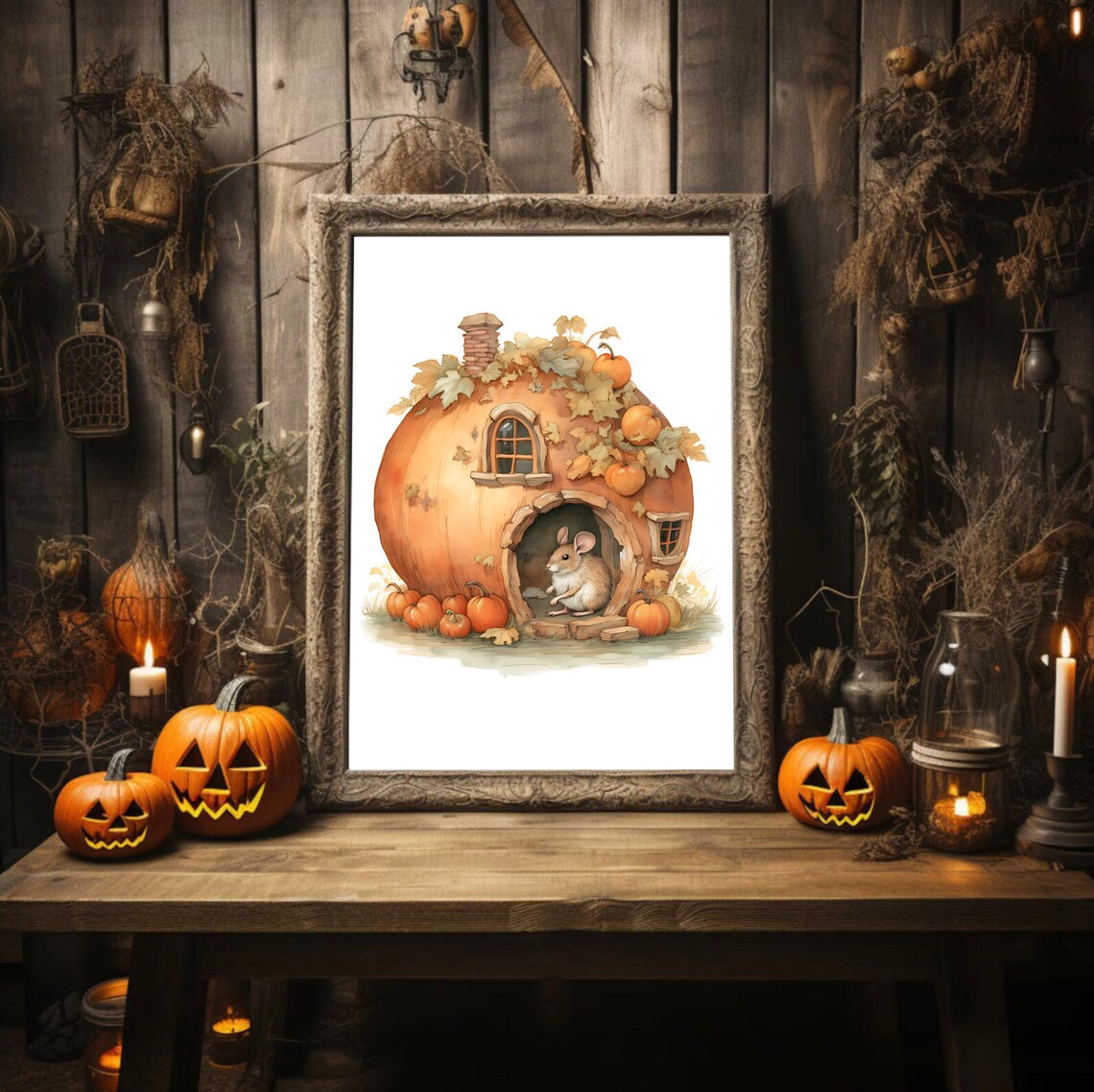 Mouse Pumpkin House Wall Art Whimsical Digital Prints Spooky - Etsy